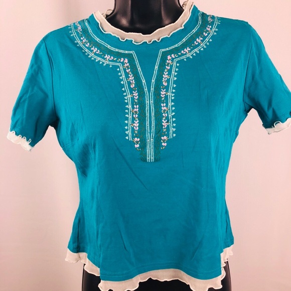 Tops | Turquoise T With Sheer White Mesh Frills | Poshmark